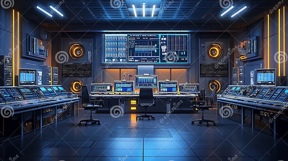 Modern Control Room with Advanced Robotics and High Tech Displays ...