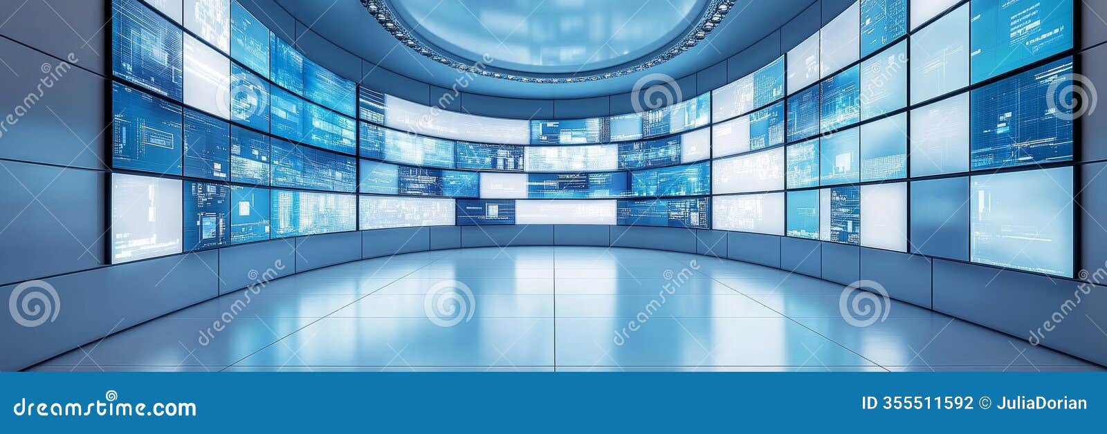 Modern Control Room with Curved Video Wall Display, Data Center with ...