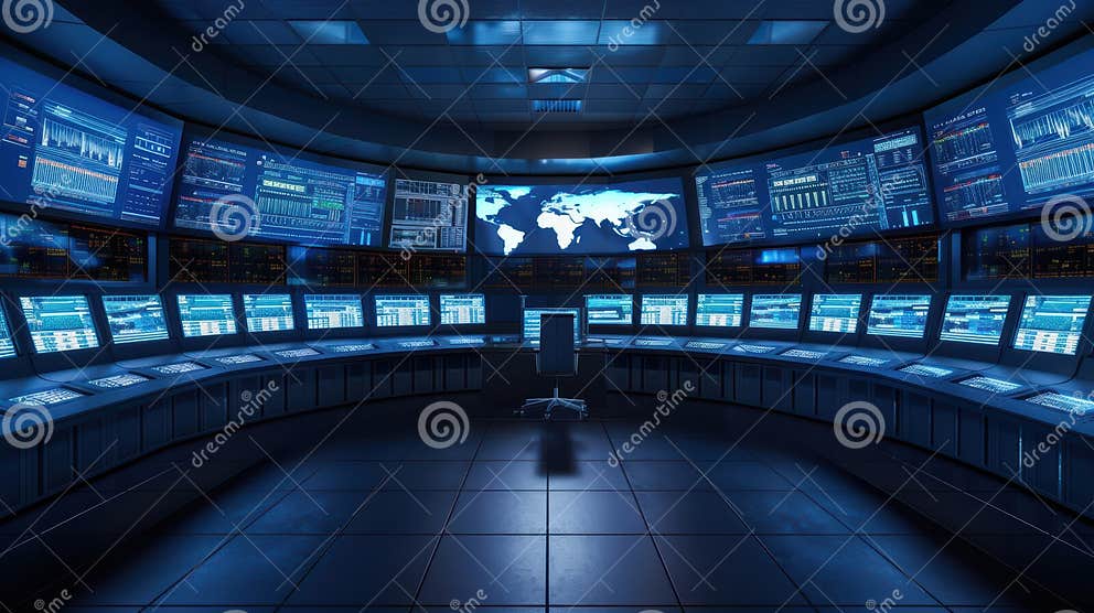 High-Tech Control Room with Multiple Monitors and World Map Display on ...