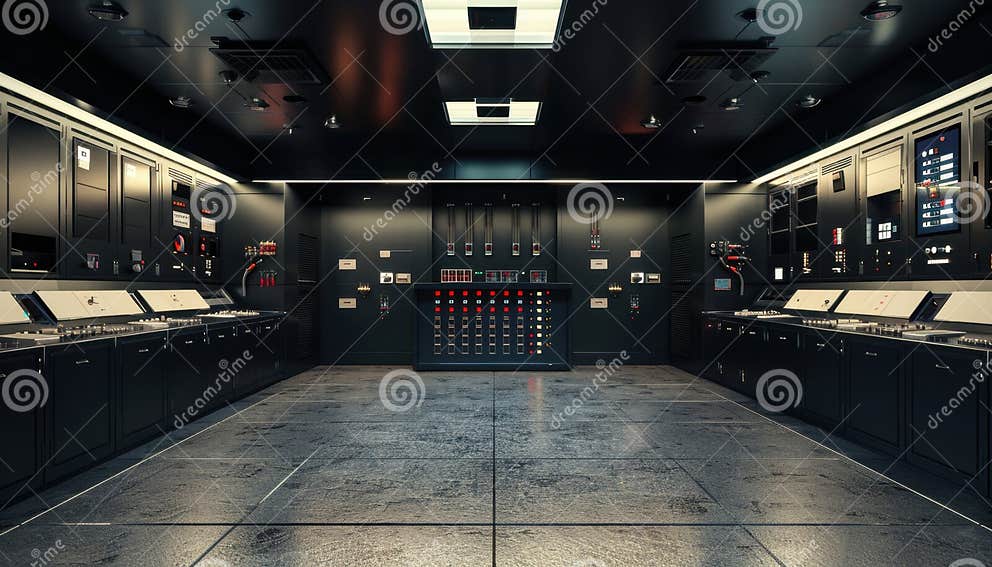Modern Control Room Interior with Dark Walls and Multiple Control ...