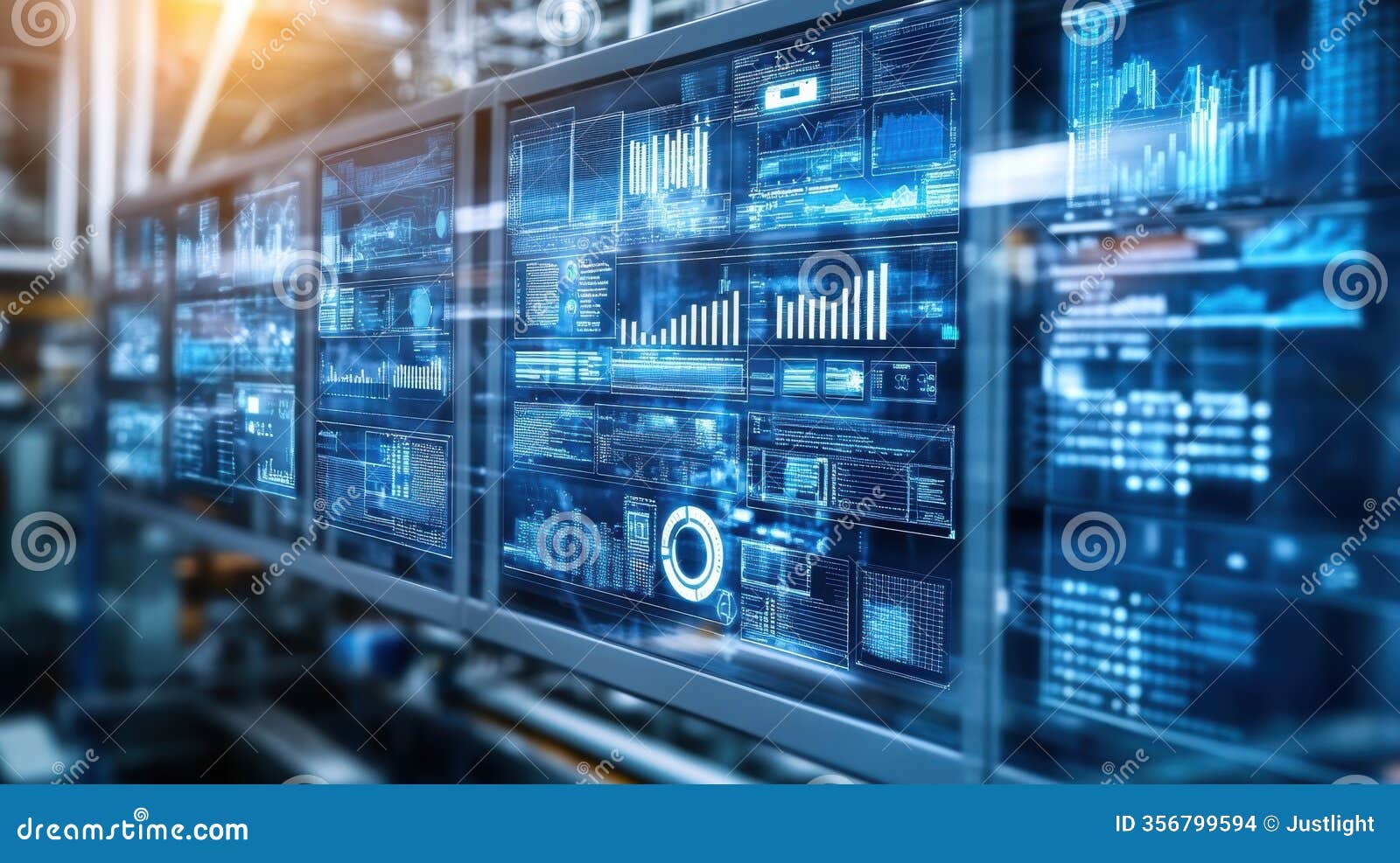 Modern Control Room Monitoring System Showing Various Data and Charts on Multiple Screens Stock ...