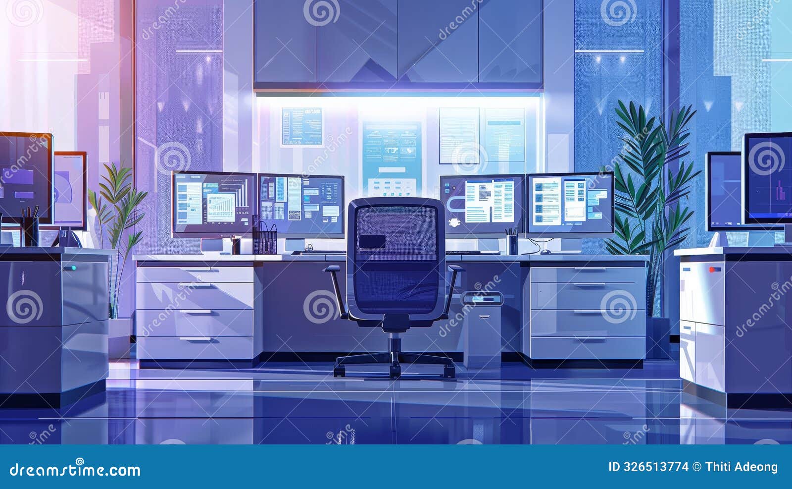 Modern Control Room with Multiple Computer Monitors, Ergonomic Chair ...