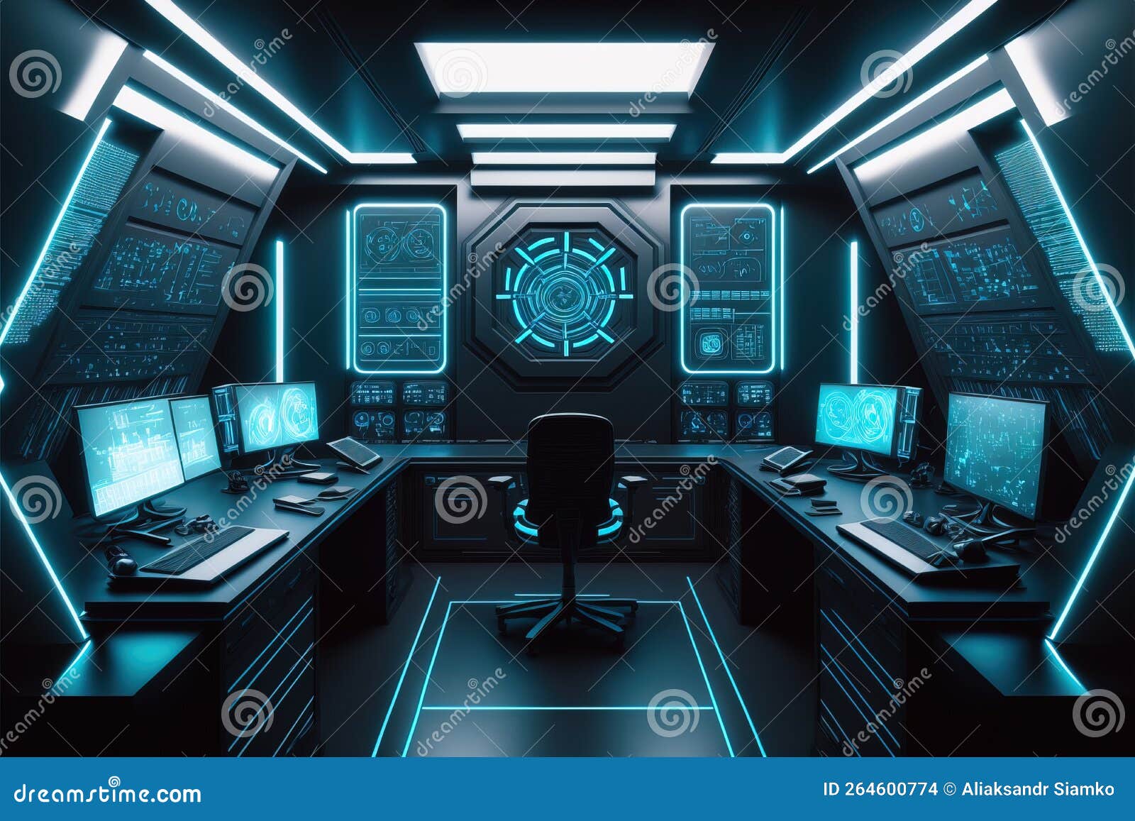 Modern Control Room Multiple Personal Computer Monitors Showing Coding Language Program With