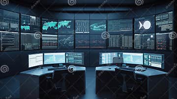 Modern Control Room. Multiple Personal Computer Monitors Showing Coding Language Program with ...