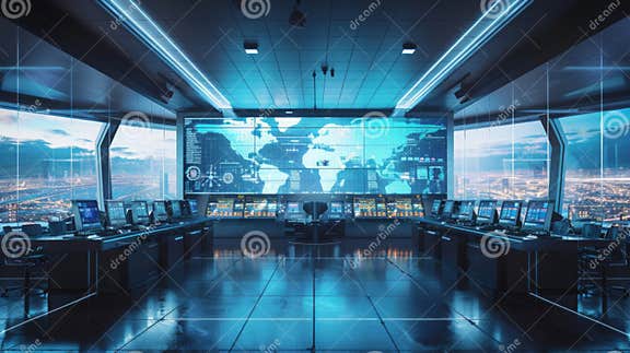 Modern Control Room with World Map Display Stock Image - Image of ...