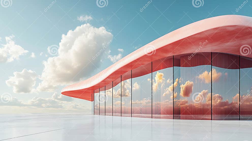 Modern Coral Building Reflecting Cloudscape Stock Illustration - Illustration of building ...