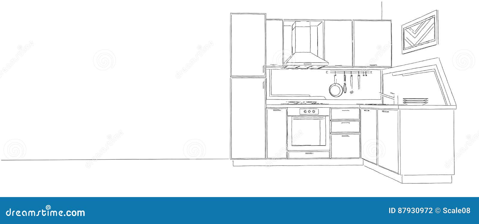 Modern Corner Kitchen Contour Sketch Black and White Stock Illustration ...