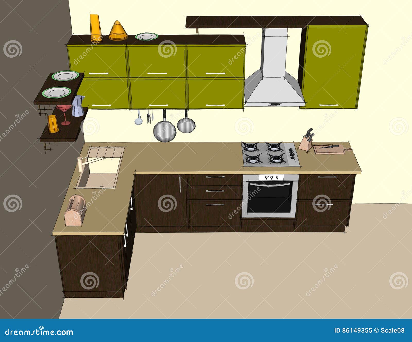 Modern Corner Kitchen Interior. Top View Stock Illustration ...