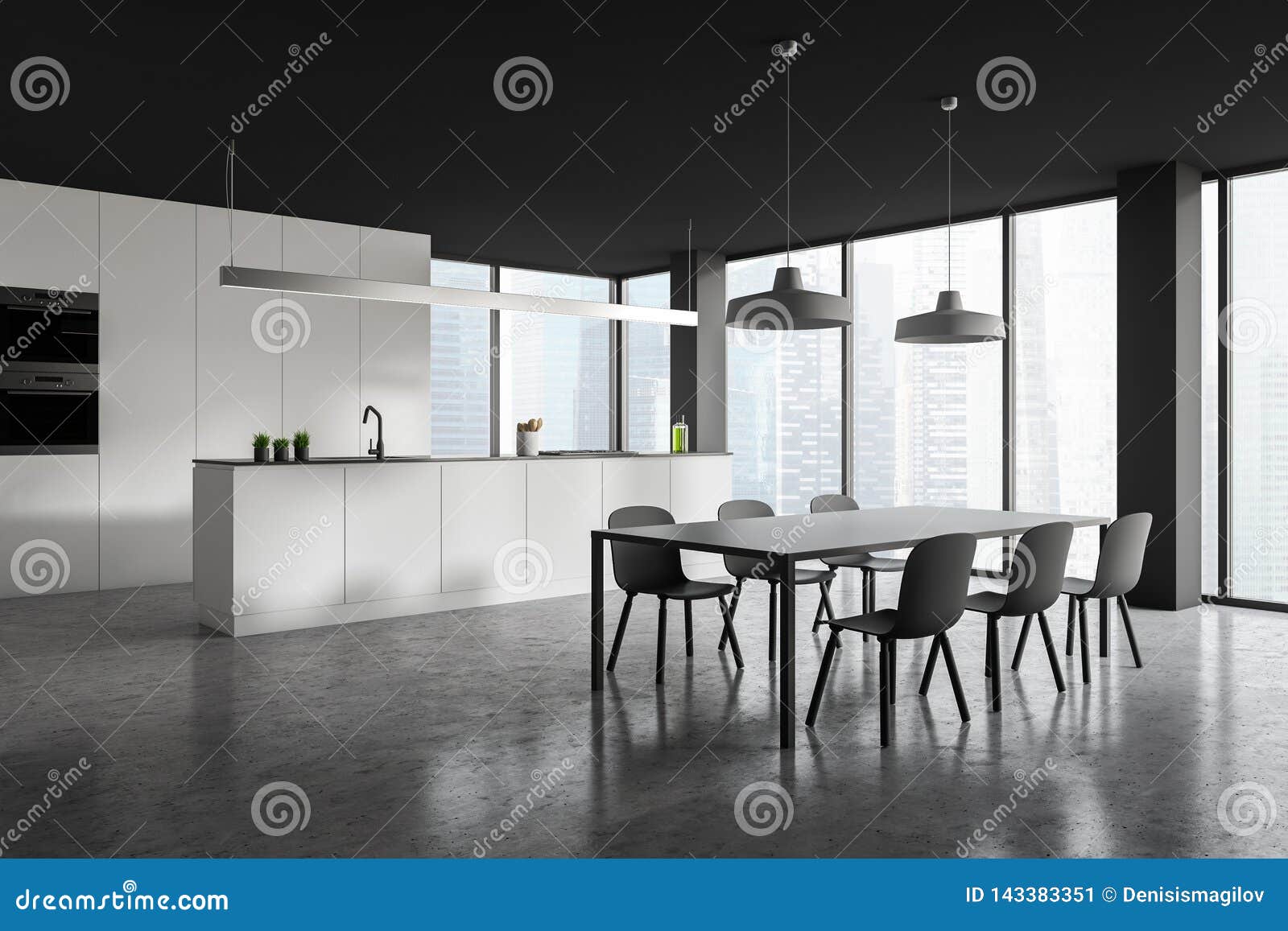 Modern Corner Style Kitchen Interior in Skyscraper Stock Illustration ...
