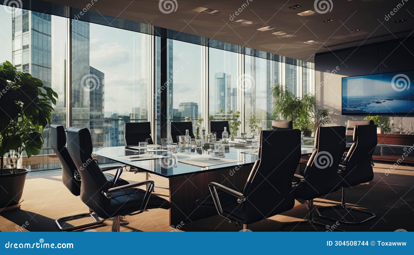 Modern Corporate Boardroom with Panoramic Windows and City View Stock ...