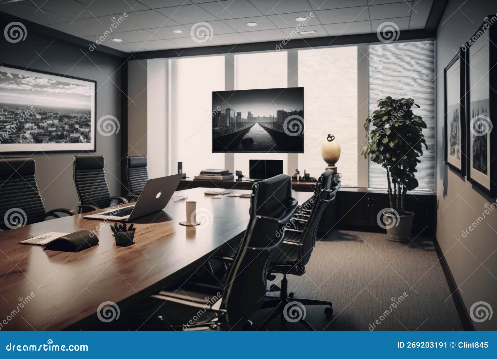 Modern Corporate Conference Room with Table and Projector Screen Stock ...