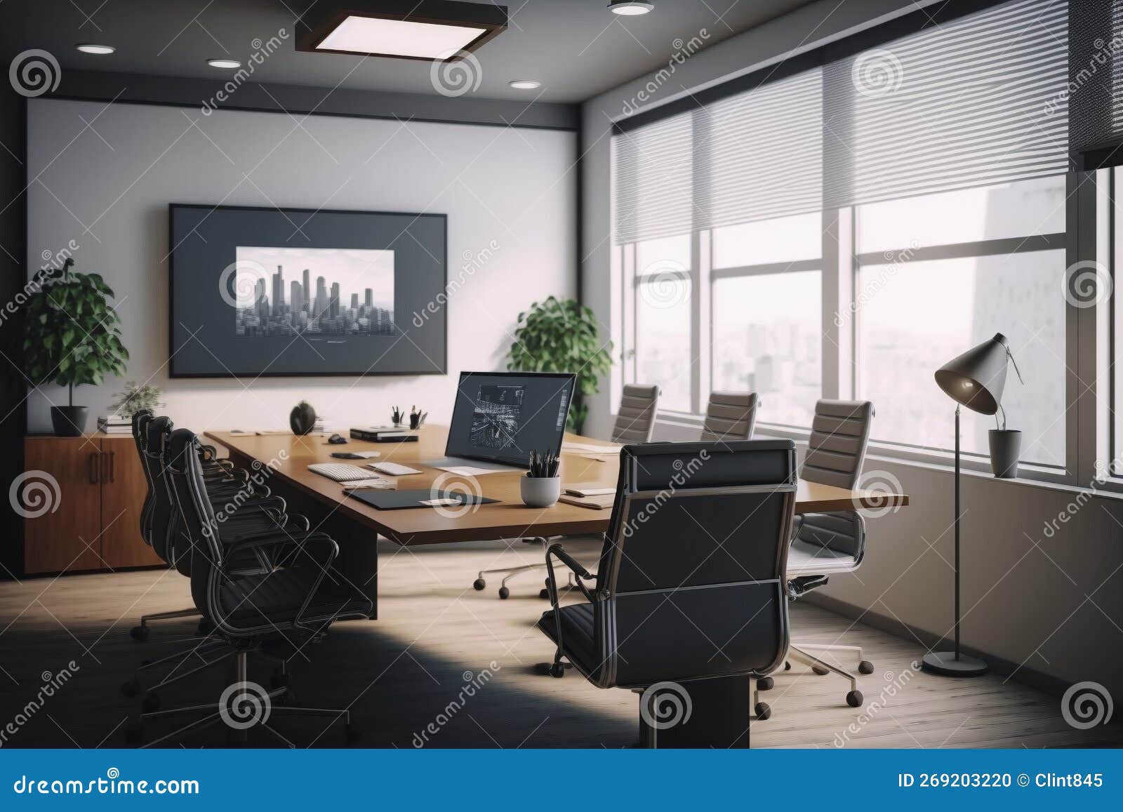 Modern Corporate Conference Room with Table and Projector Screen Stock ...