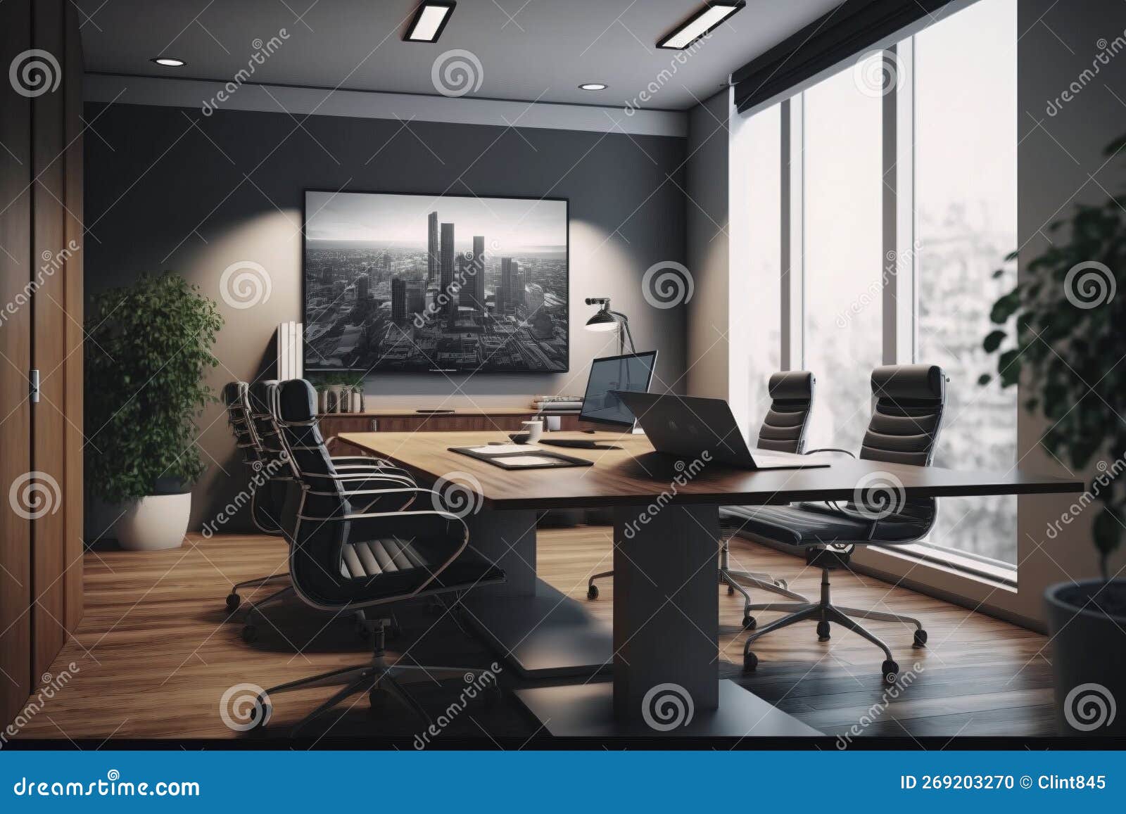 Modern Corporate Conference Room with Table and Projector Screen Stock ...