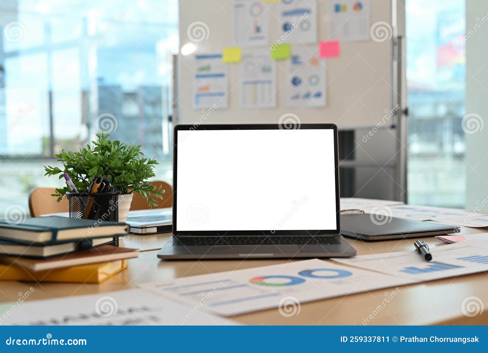 Modern Corporate Office Interior, Laptop Computer and Financial ...