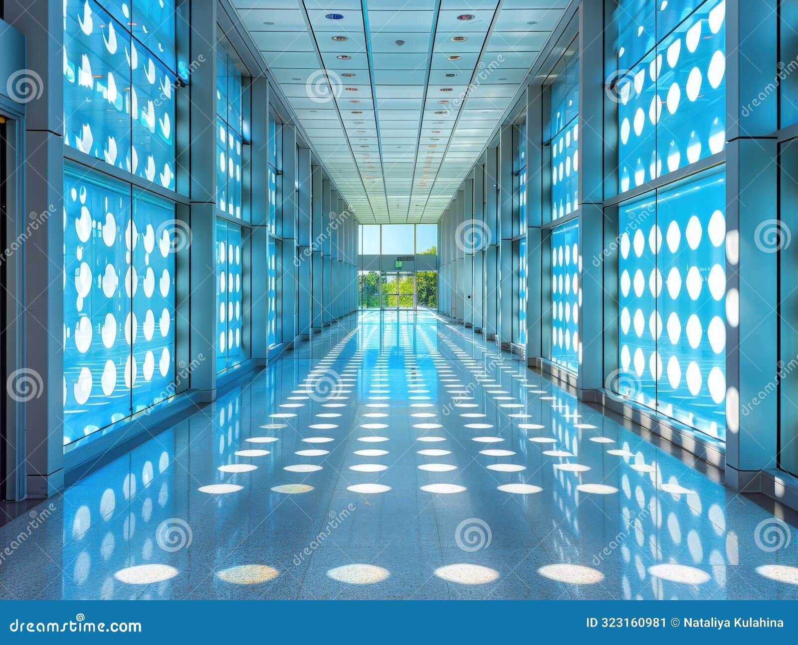 Modern Corridor with Blue Dotted Window Patterns and Reflections Stock ...