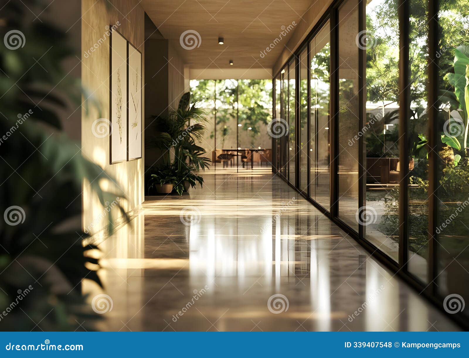 A Modern Corridor with Large Windows, Showcasing Greenery and a Serene ...