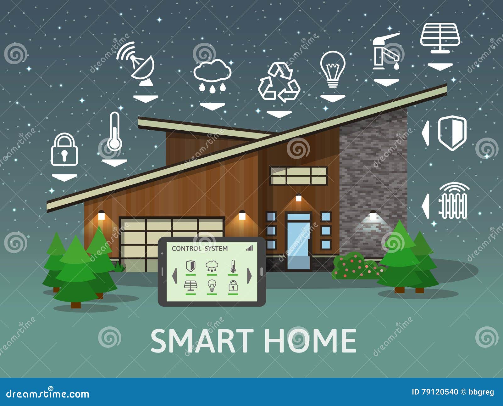 Modern Country Smart Home, at Night. Flat Design Style Concept Stock ...