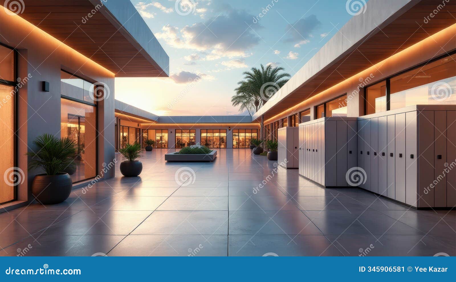 Modern Courtyard of a Shopping Mall at Sunset Stock Illustration ...