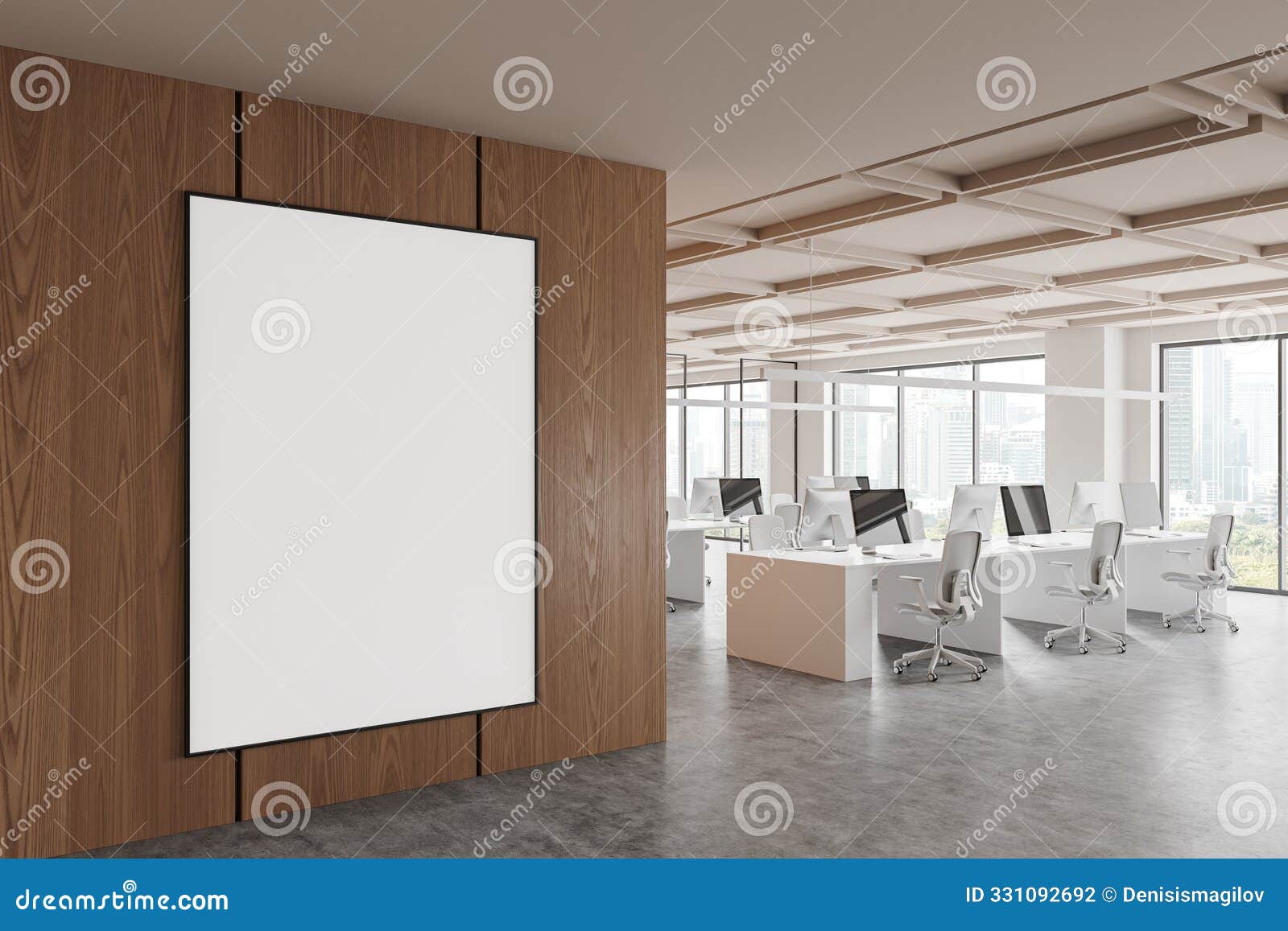 Modern Coworking Interior with Pc Computers and Panoramic Window ...