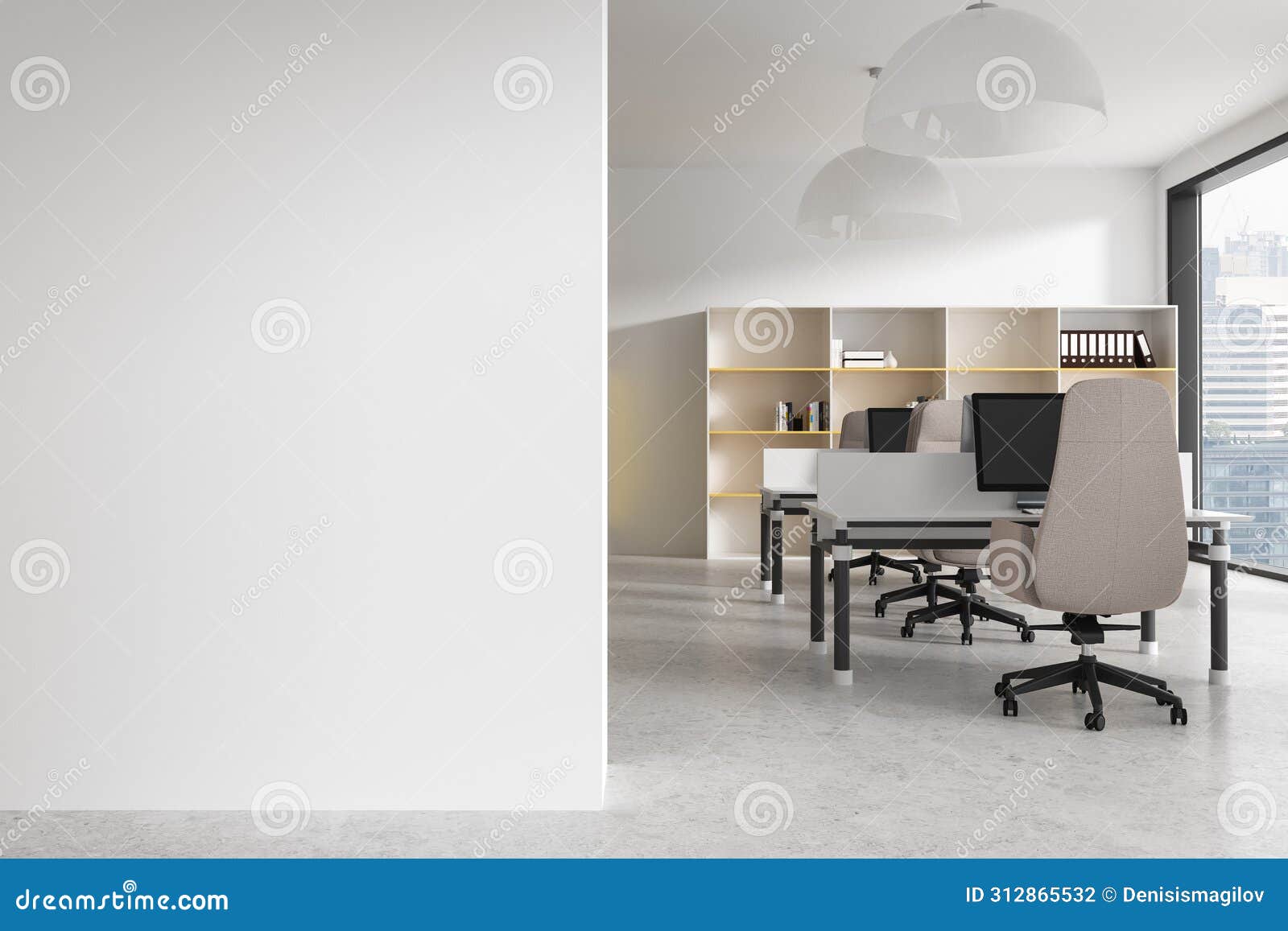 Modern Coworking Interior with Pc Computers on Tables, Window. Mockup ...