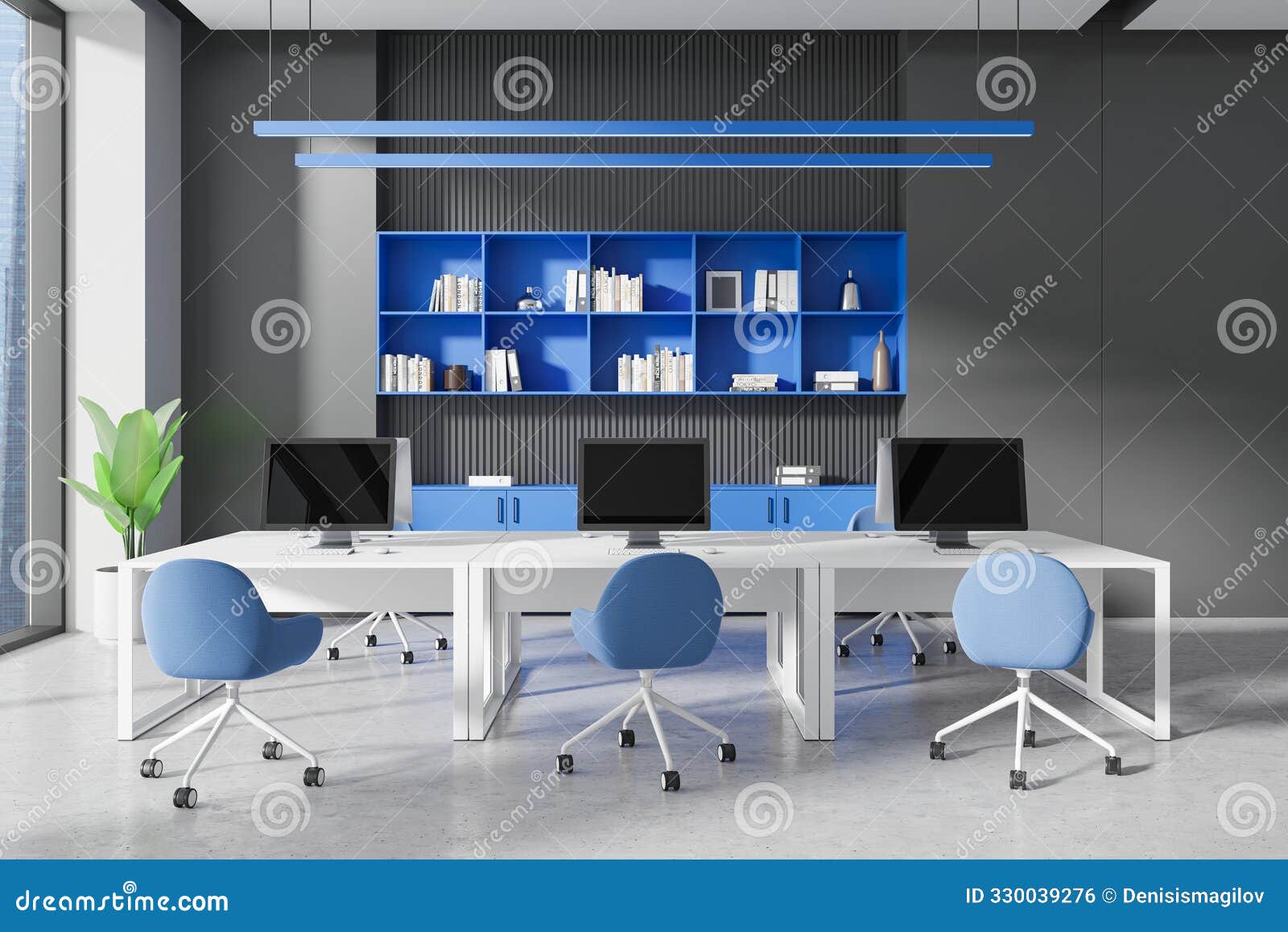 Modern Coworking Interior with Tables and Pc Desktop, Panoramic Window ...