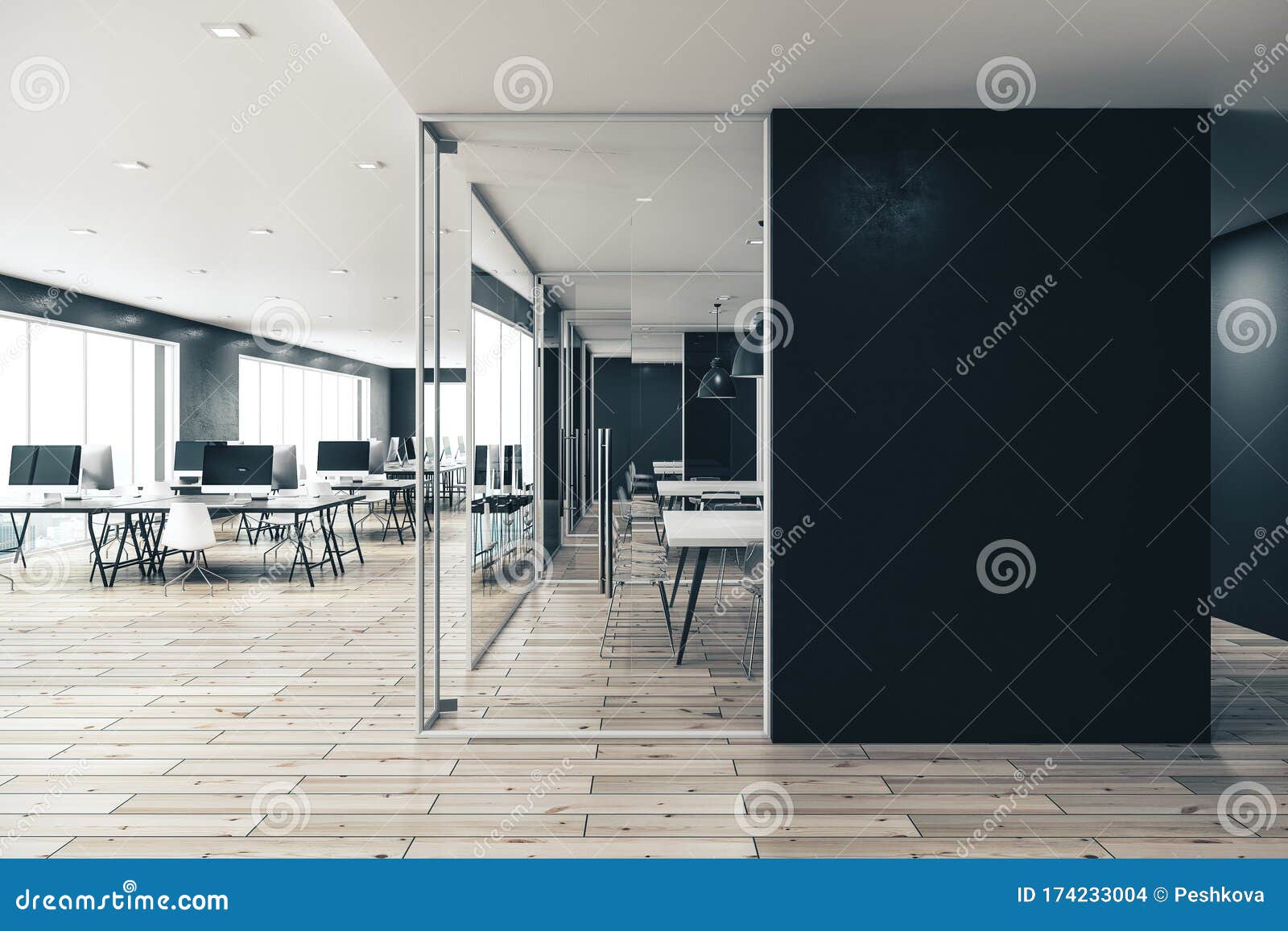 Modern Coworking Office Interior with Copy Space on Wal Stock ...