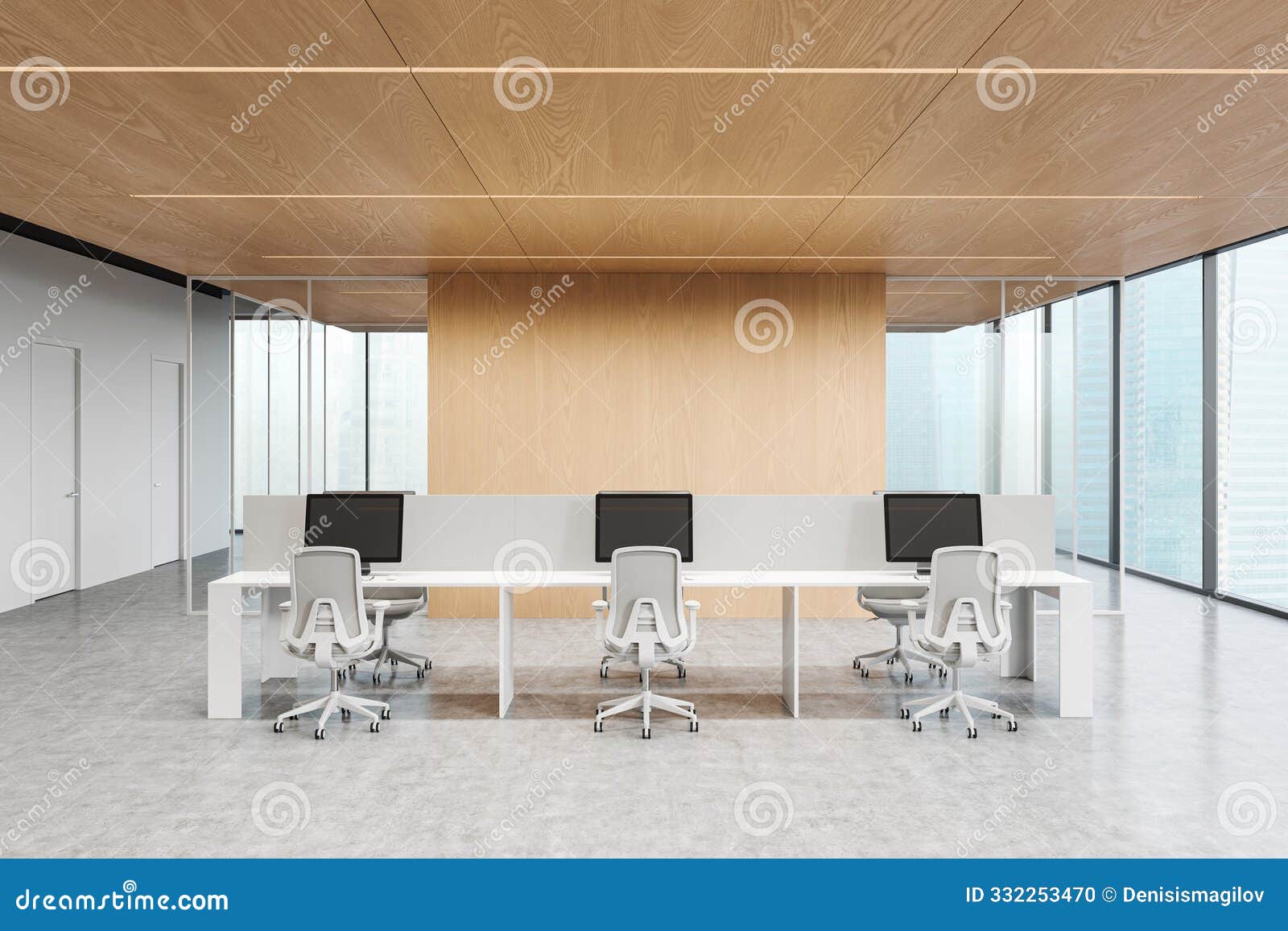 Modern Coworking Office Space with Wooden Wall and Ceiling. 3D ...