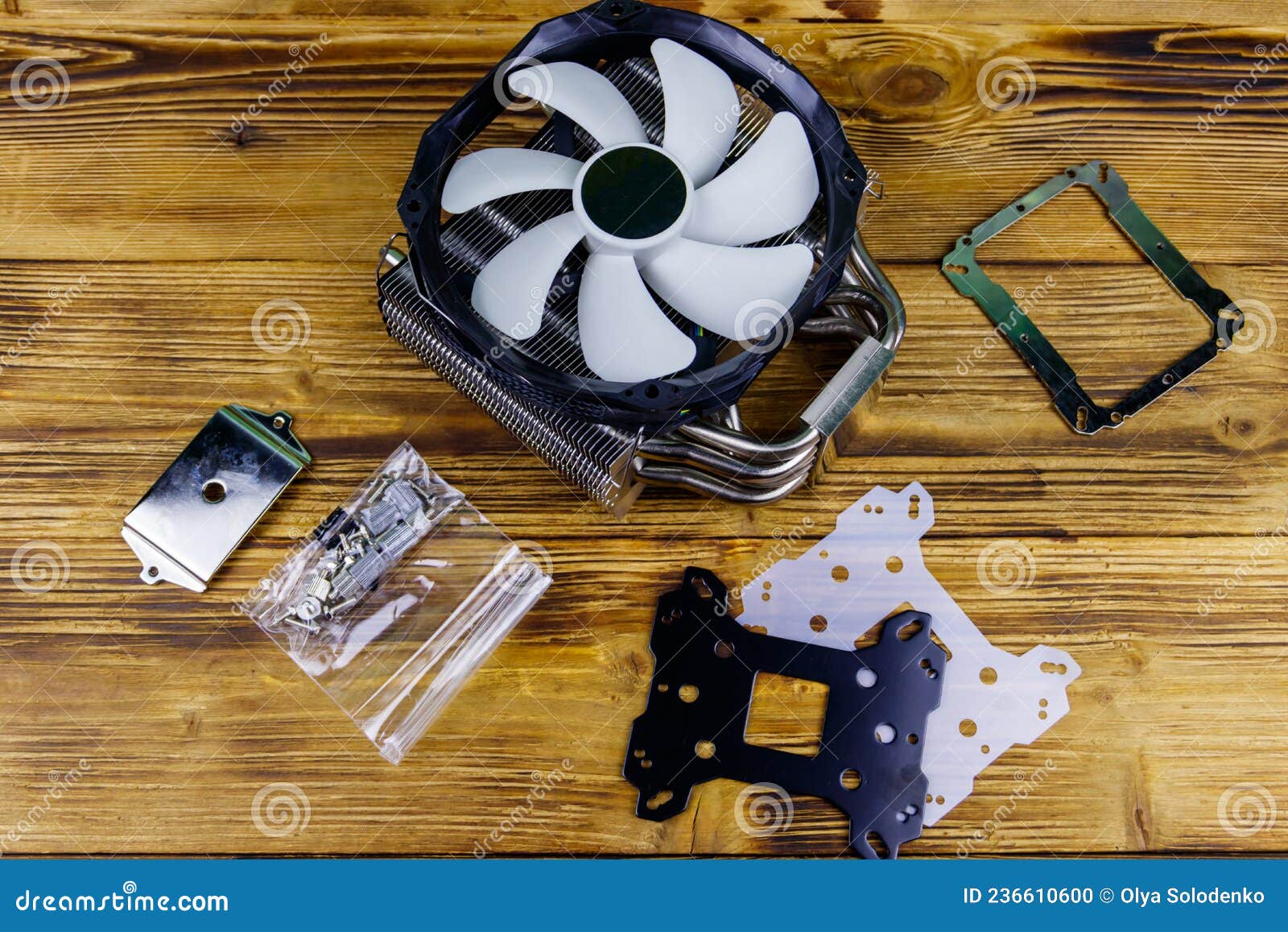 Modern CPU Cooler with Installation Kit on Wooden Desk. Top View Stock ...