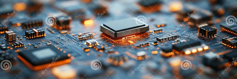 Modern CPU Processor on Circuit Board with Orange Lights Technology and ...