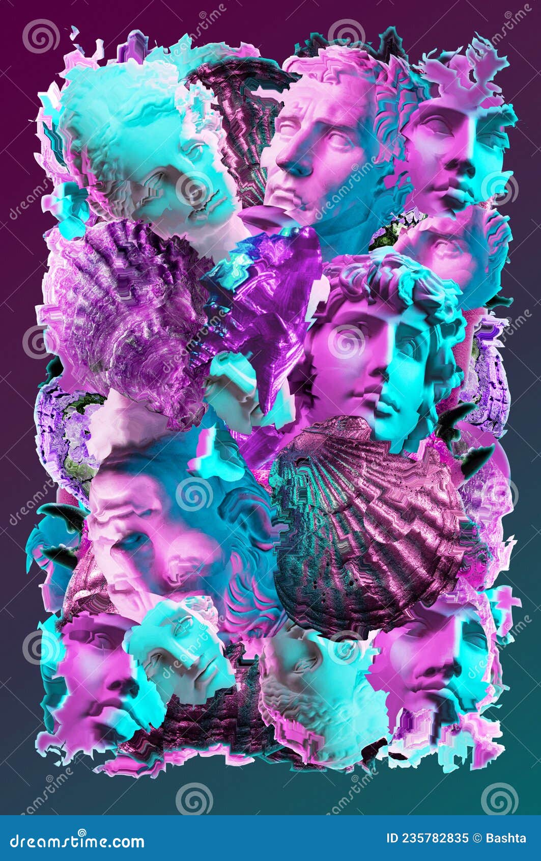 Modern Creative Background with Ancient Statue Head and Sea Shells ...