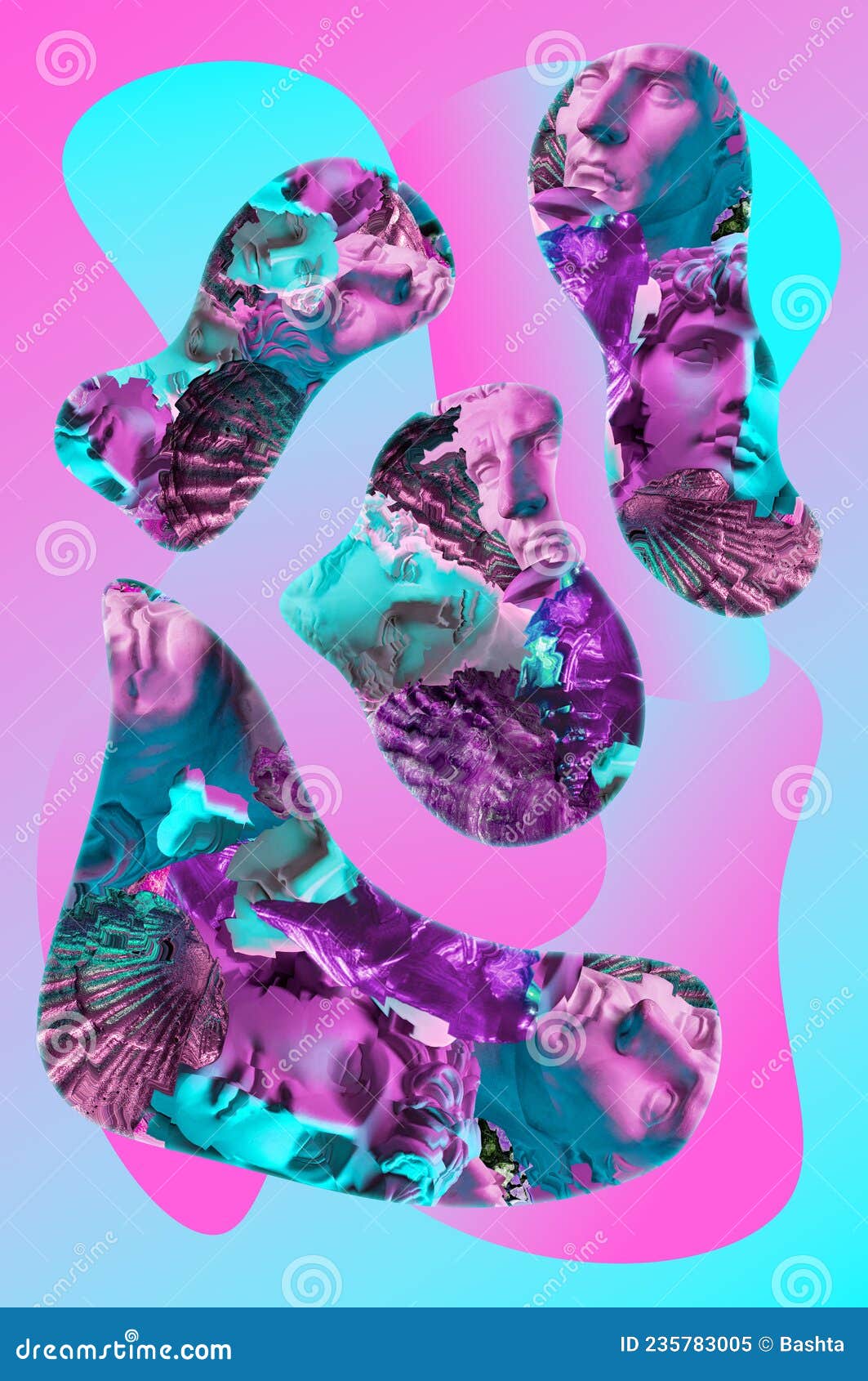 Modern Creative Background with Ancient Statue Head and Sea Shells ...