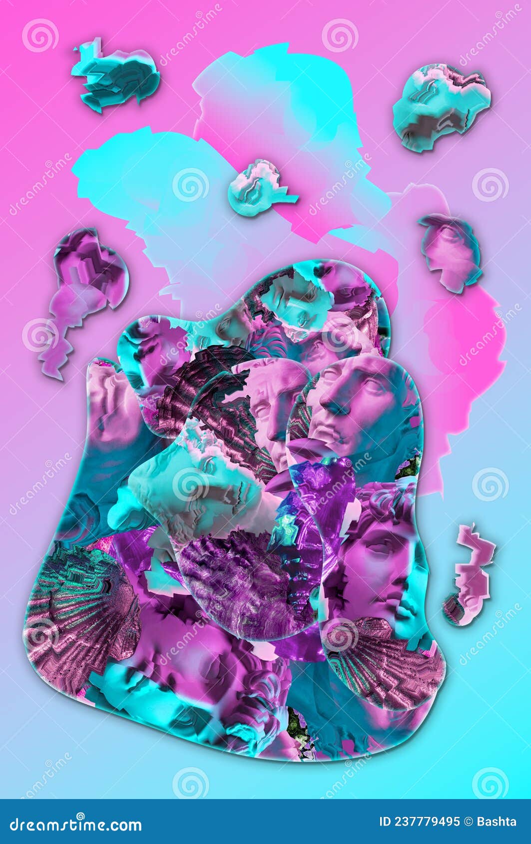 Modern Creative Background with Ancient Statue Head and Sea Shells ...