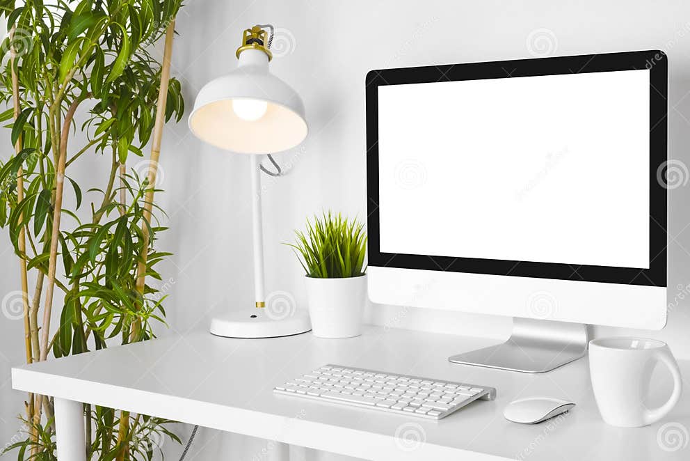 Modern Creative Designer Workplace with Desk Computer on White Table ...