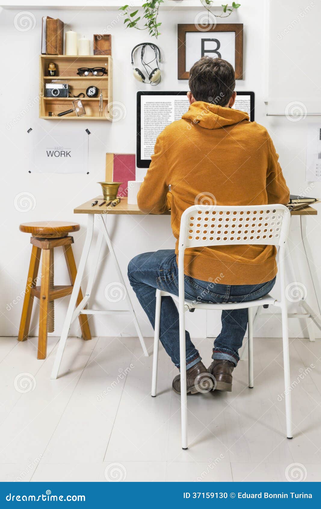Modern Creative Man Working on Workspace. Stock Photo - Image of book ...