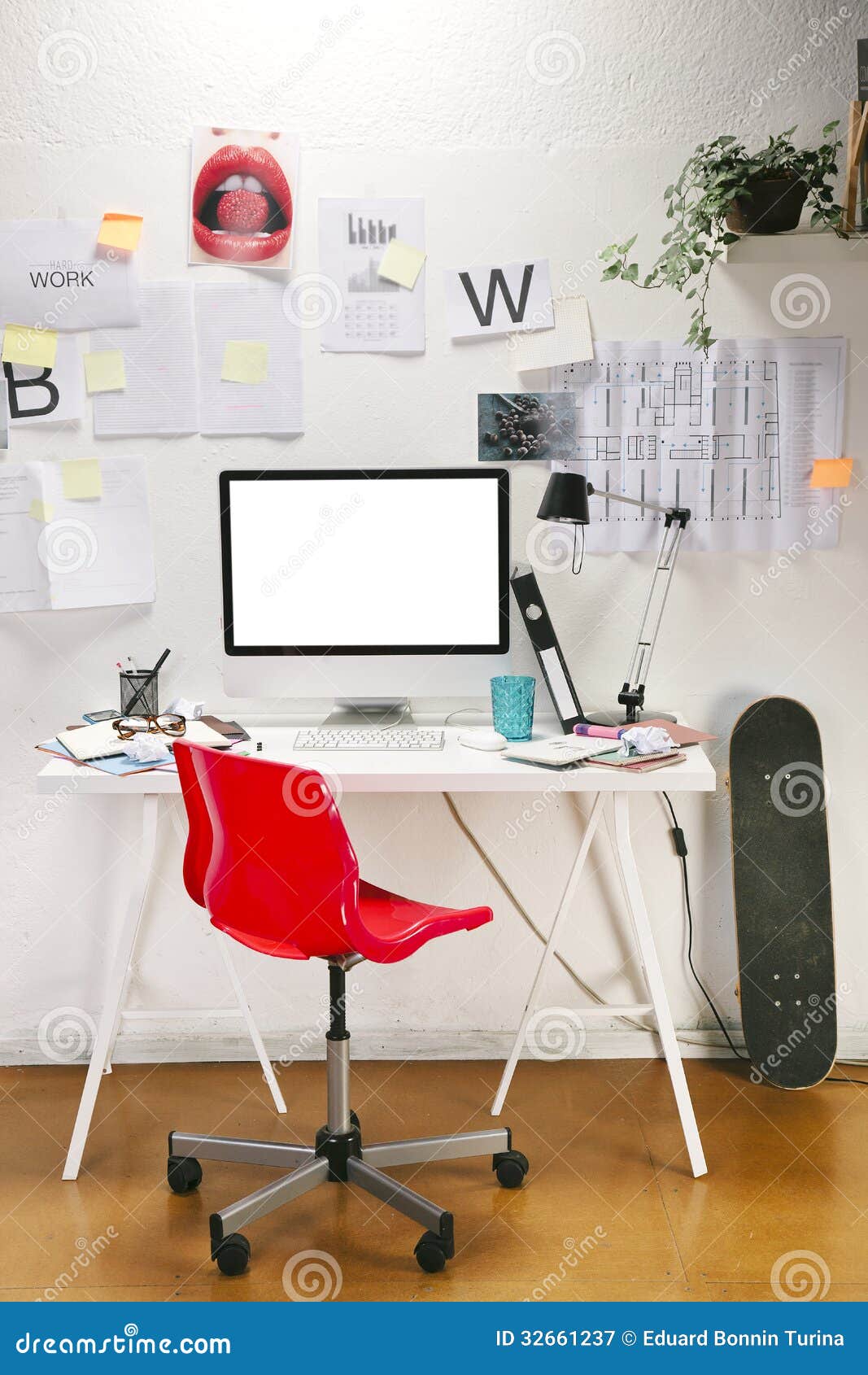 Modern Creative Workspace with Computer and Red Chair. Stock Image ...
