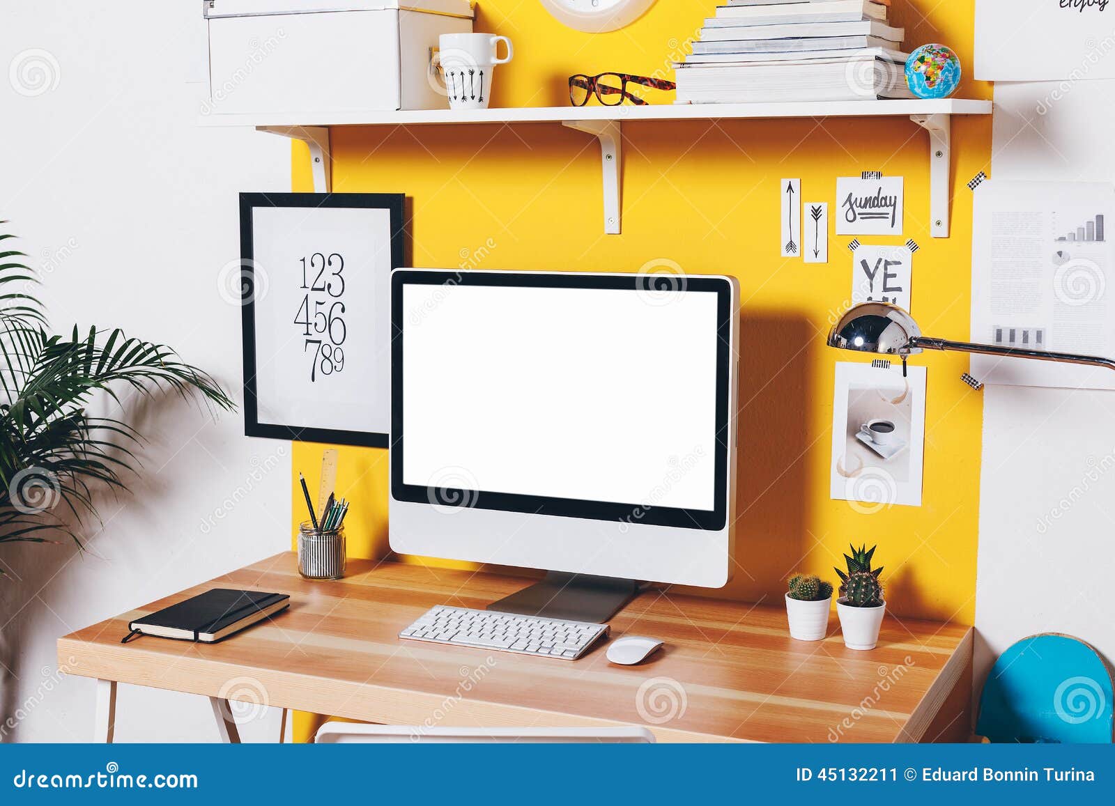 Modern Creative Workspace on Yellow Wall. Stock Image - Image of casual ...