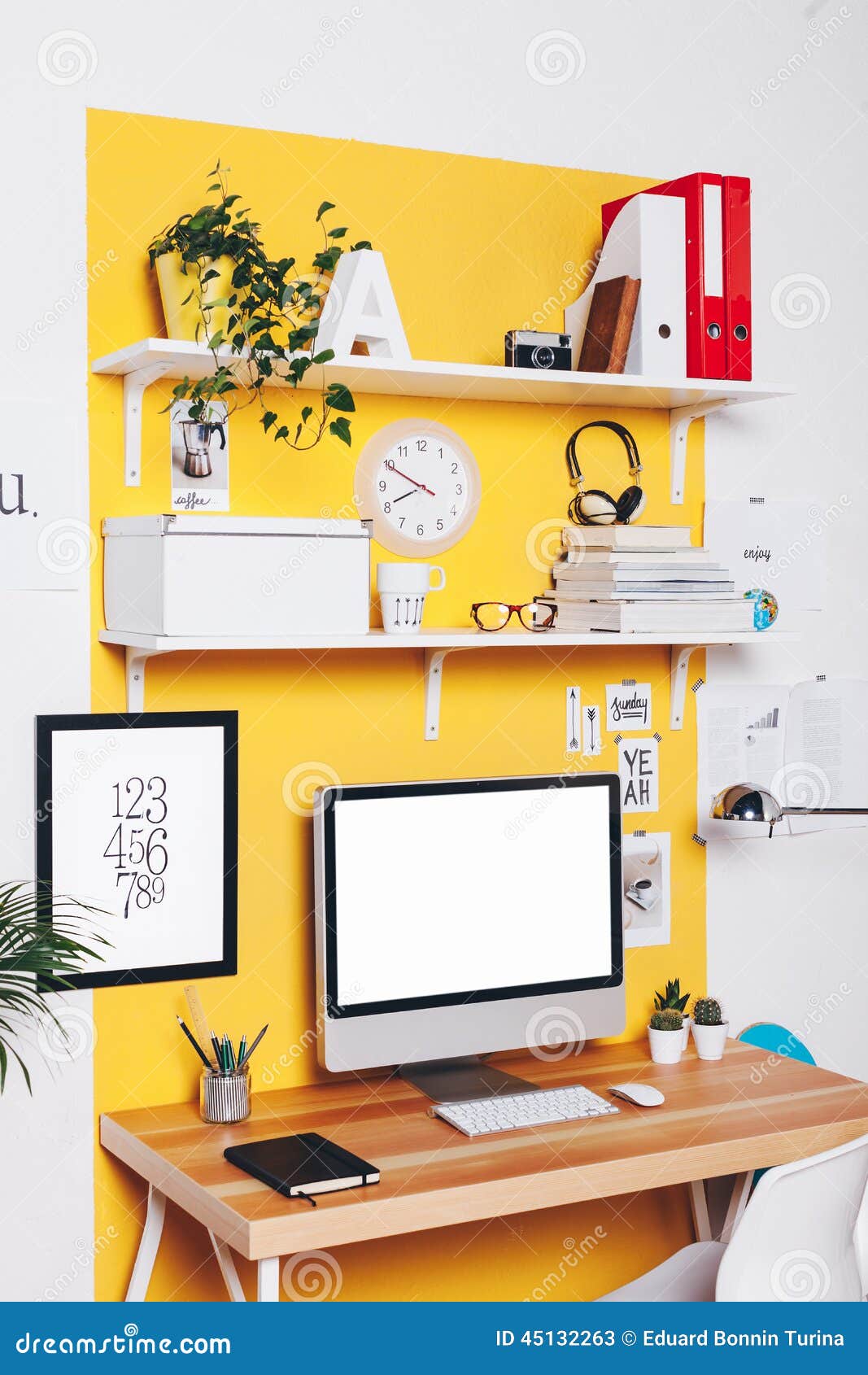 Modern Creative Workspace on Yellow Wall. Stock Image - Image of desk ...