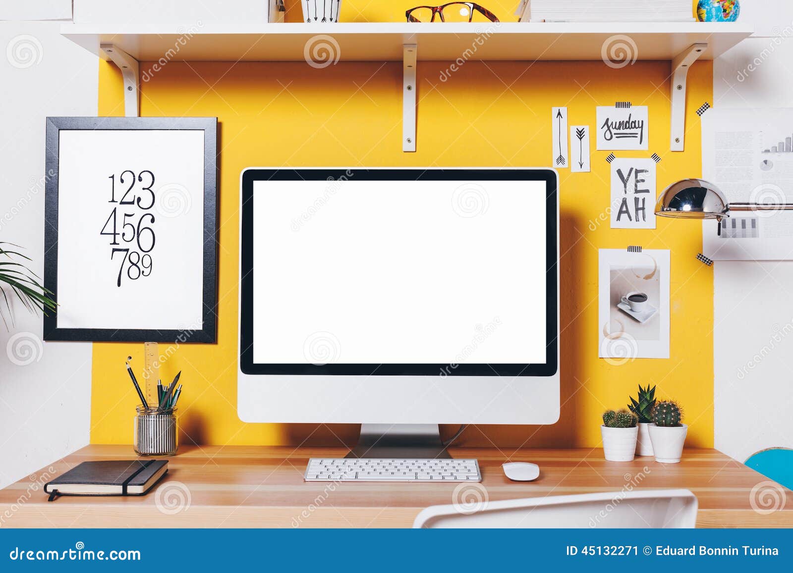 Modern Creative Workspace on Yellow Wall. Stock Image - Image of desk ...