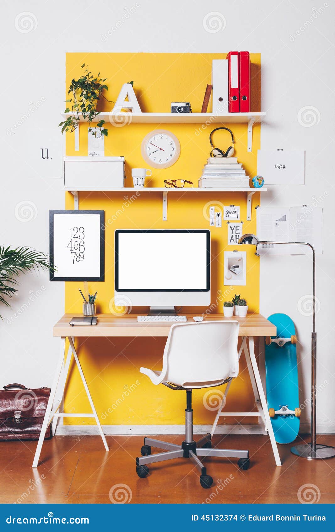 Modern Creative Workspace on Yellow Wall. Stock Photo - Image of design ...