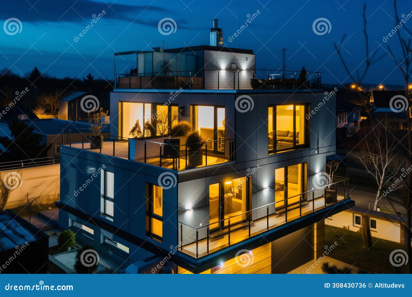 Modern Cubic House with Rooftop Terrace Lights and Night Sky Stock ...