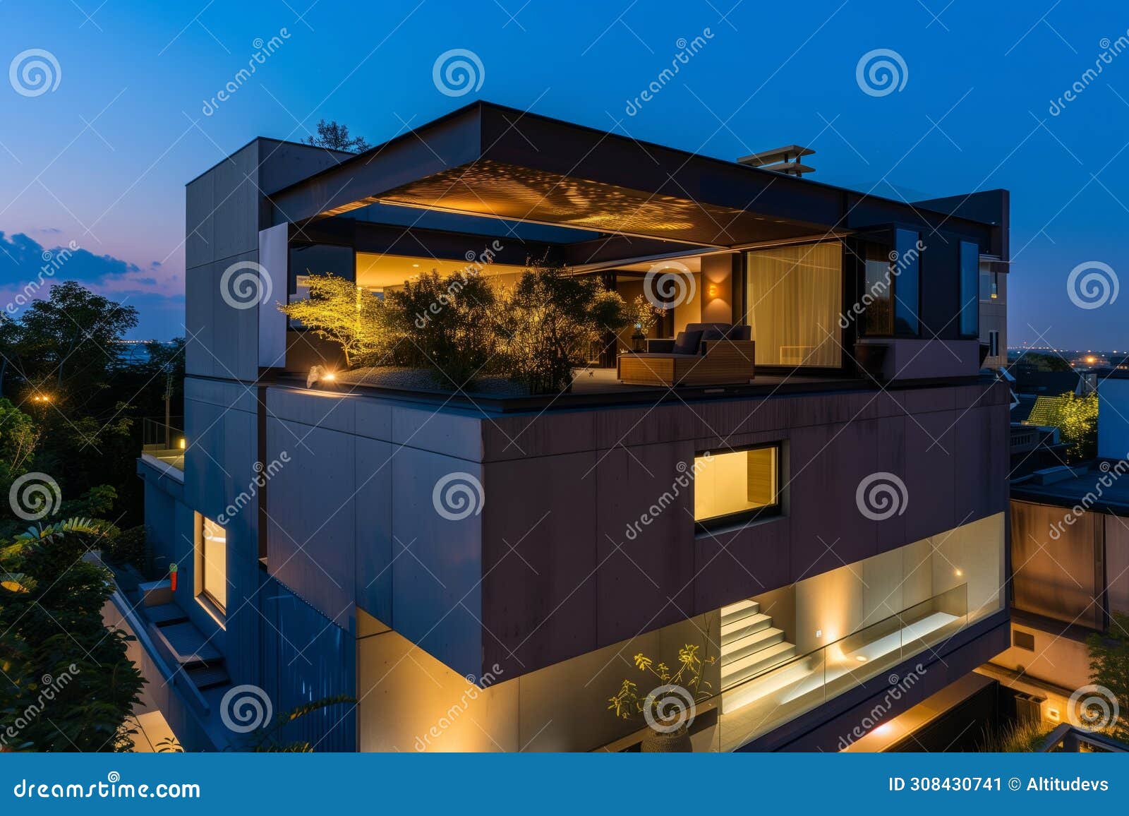 Modern Cubic House with Rooftop Terrace Lights and Night Sky Stock ...