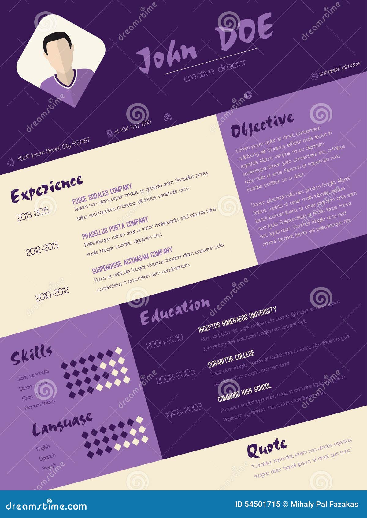 Modern Curriculum Vitae Resume with Purple Stripes Stock Vector ...