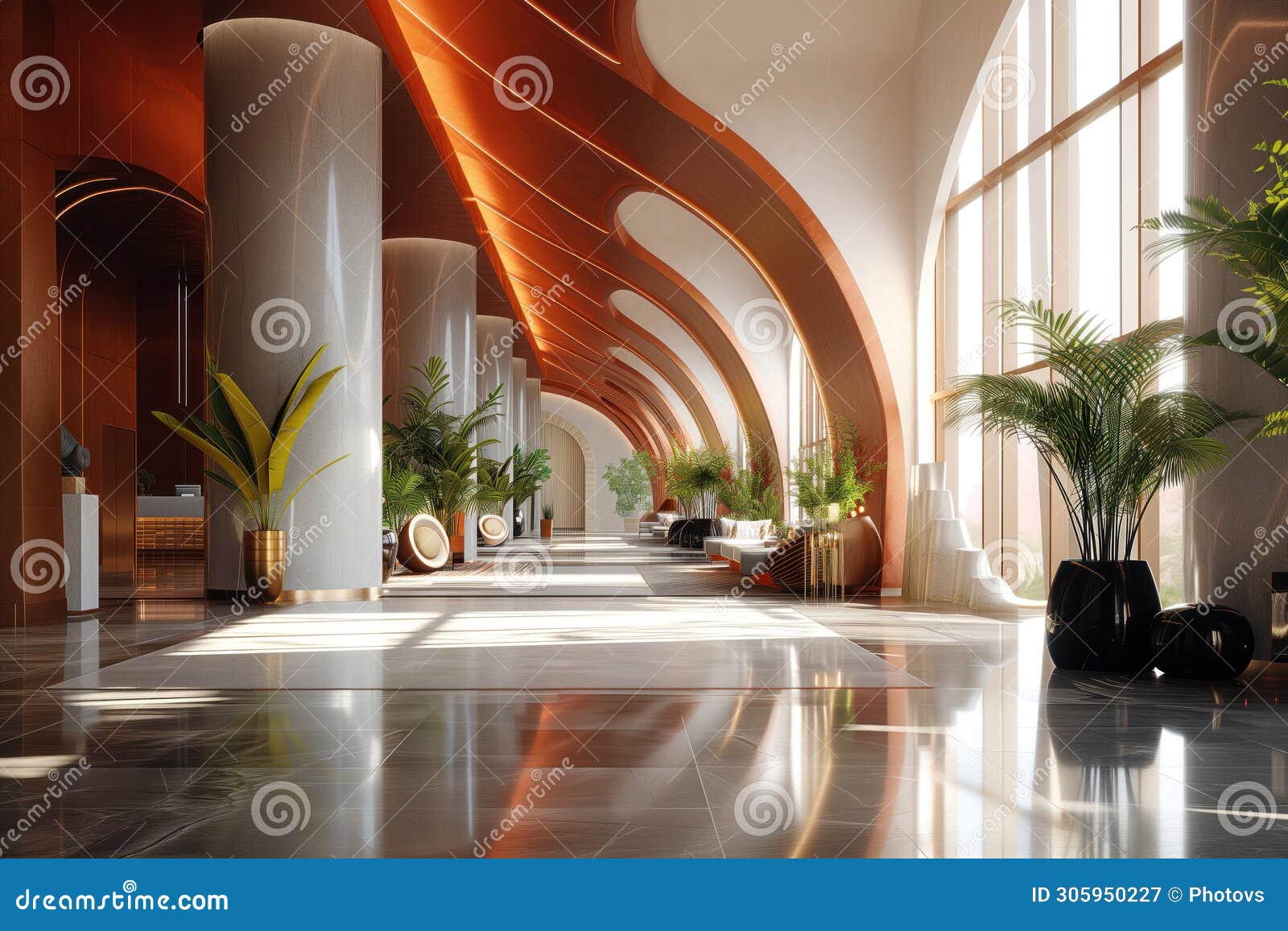 Modern Curved Architecture in Hotel Lobby with Large Windows Stock ...