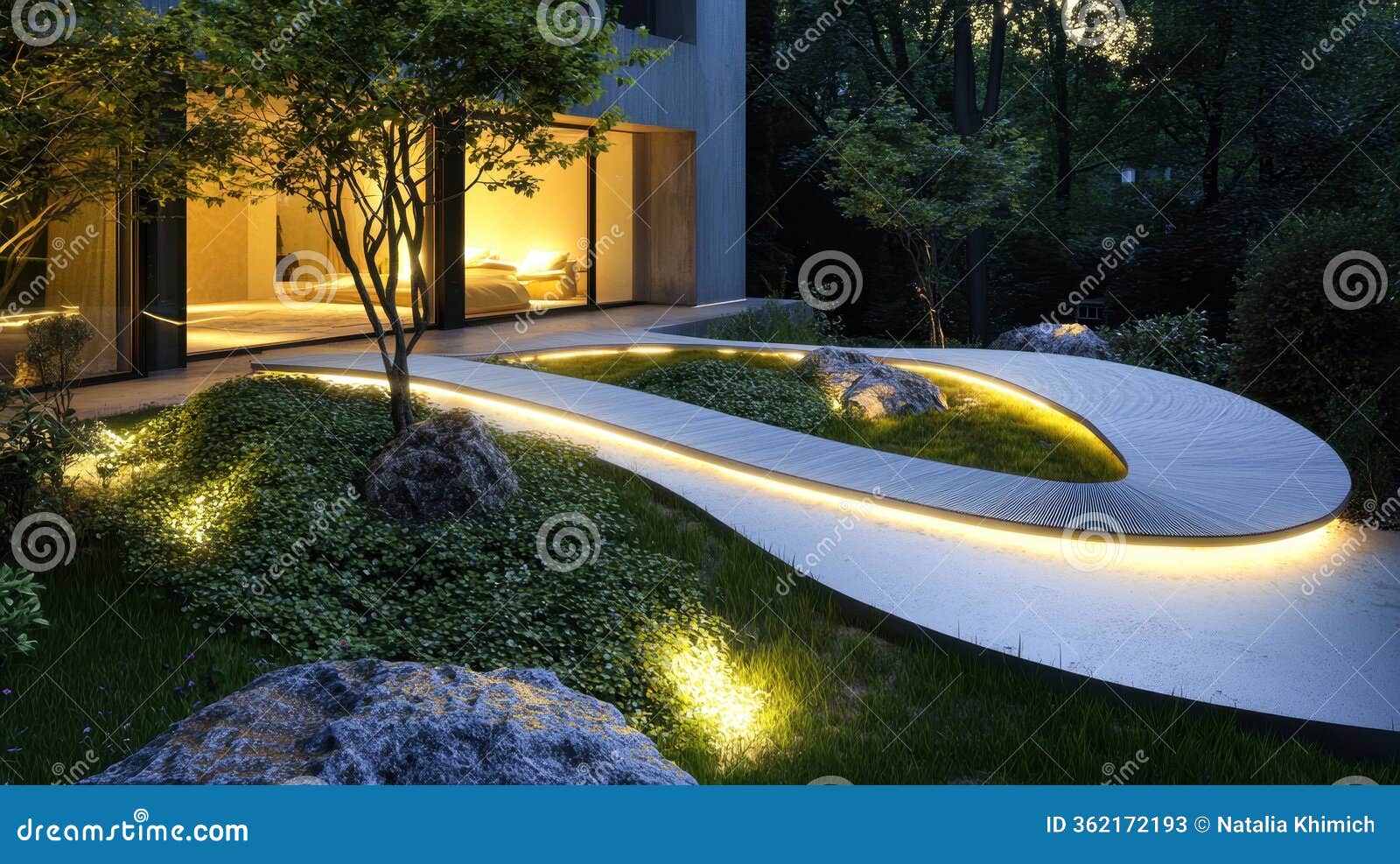 Modern Curved Pathway with Ambient Lighting in Serene Nighttime Garden ...