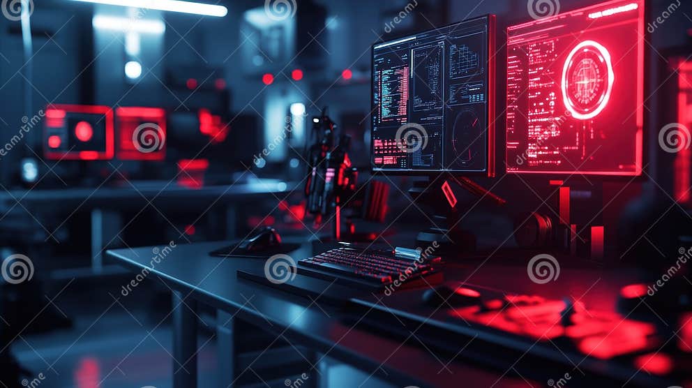 Modern Cybersecurity Center with Multiple Computer Monitors Displaying Sensitive Data and Code ...