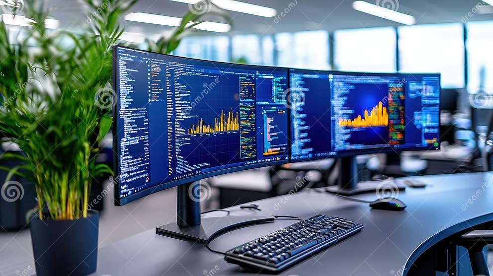 Modern Cybersecurity Operations Center Featuring Multiple Monitors Displaying Data Analytics and ...