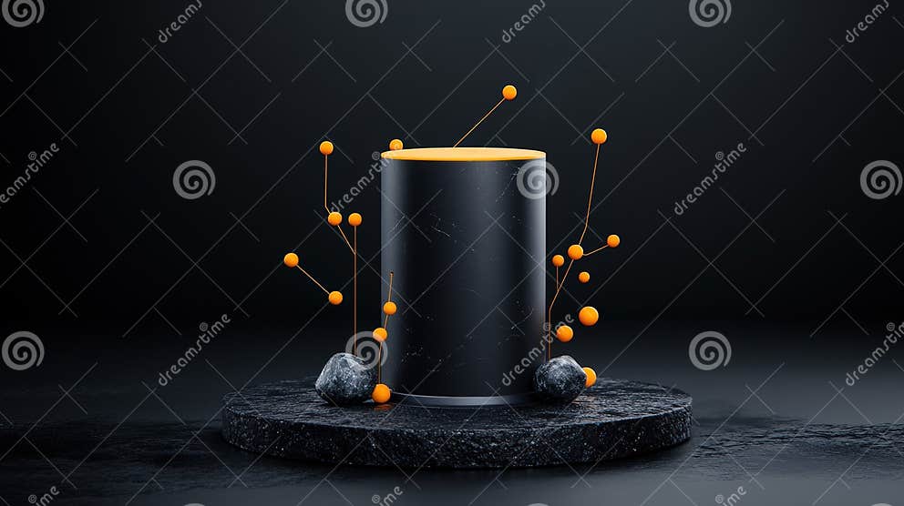 Modern Cylindrical Object with Orange Elements on a Dark Background ...