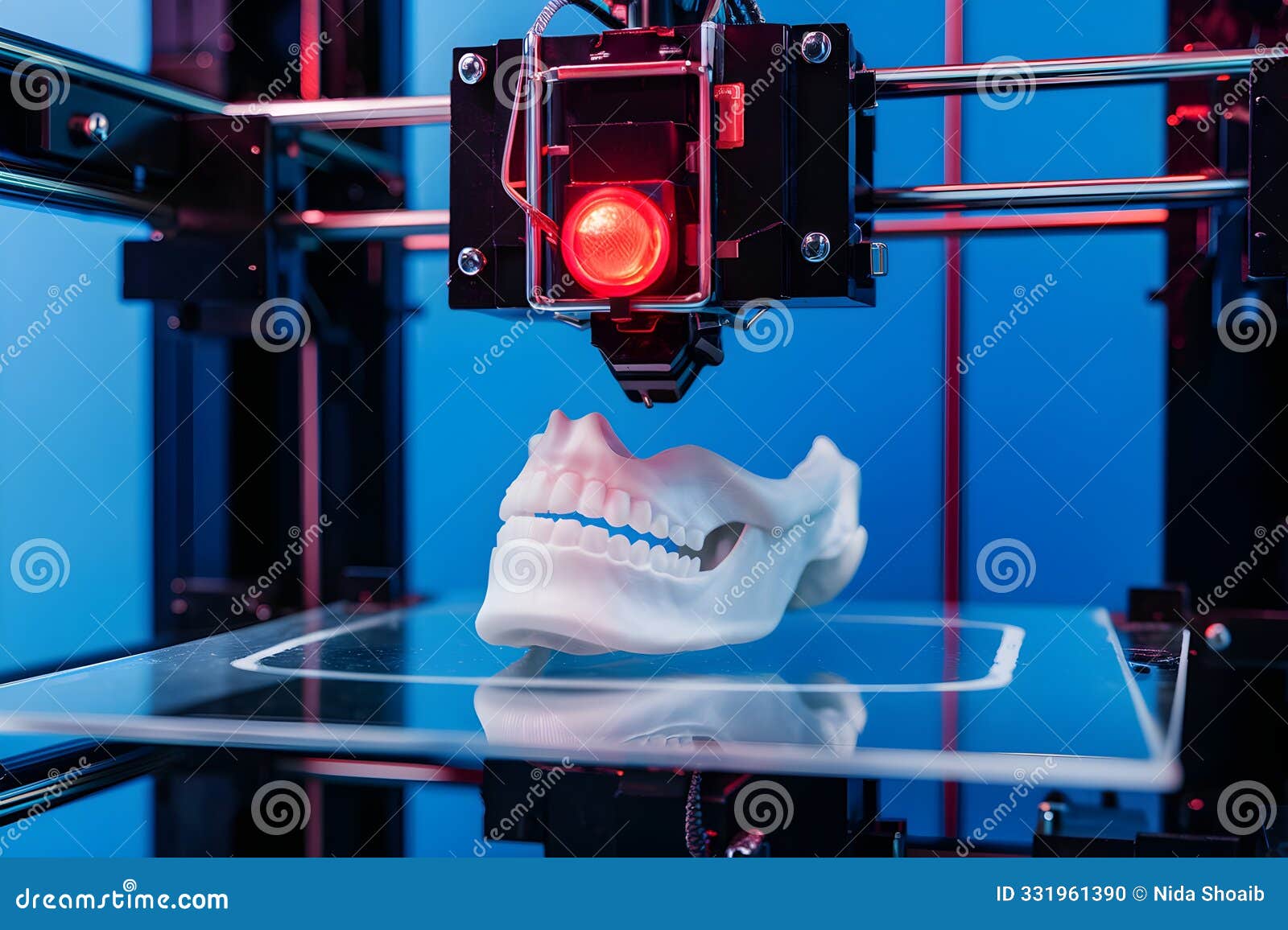 Modern 3D Printer Creating a Detailed Human Jaw Model on a Transparent ...