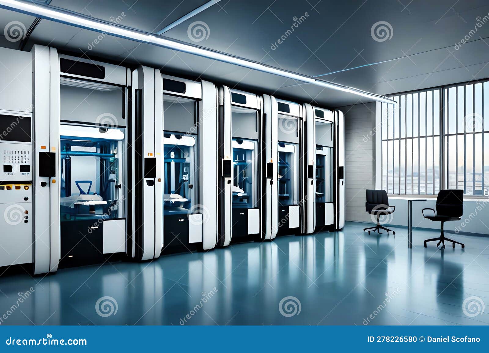 Modern 3D Printing Facility with Multiple Machines Creating Complex ...