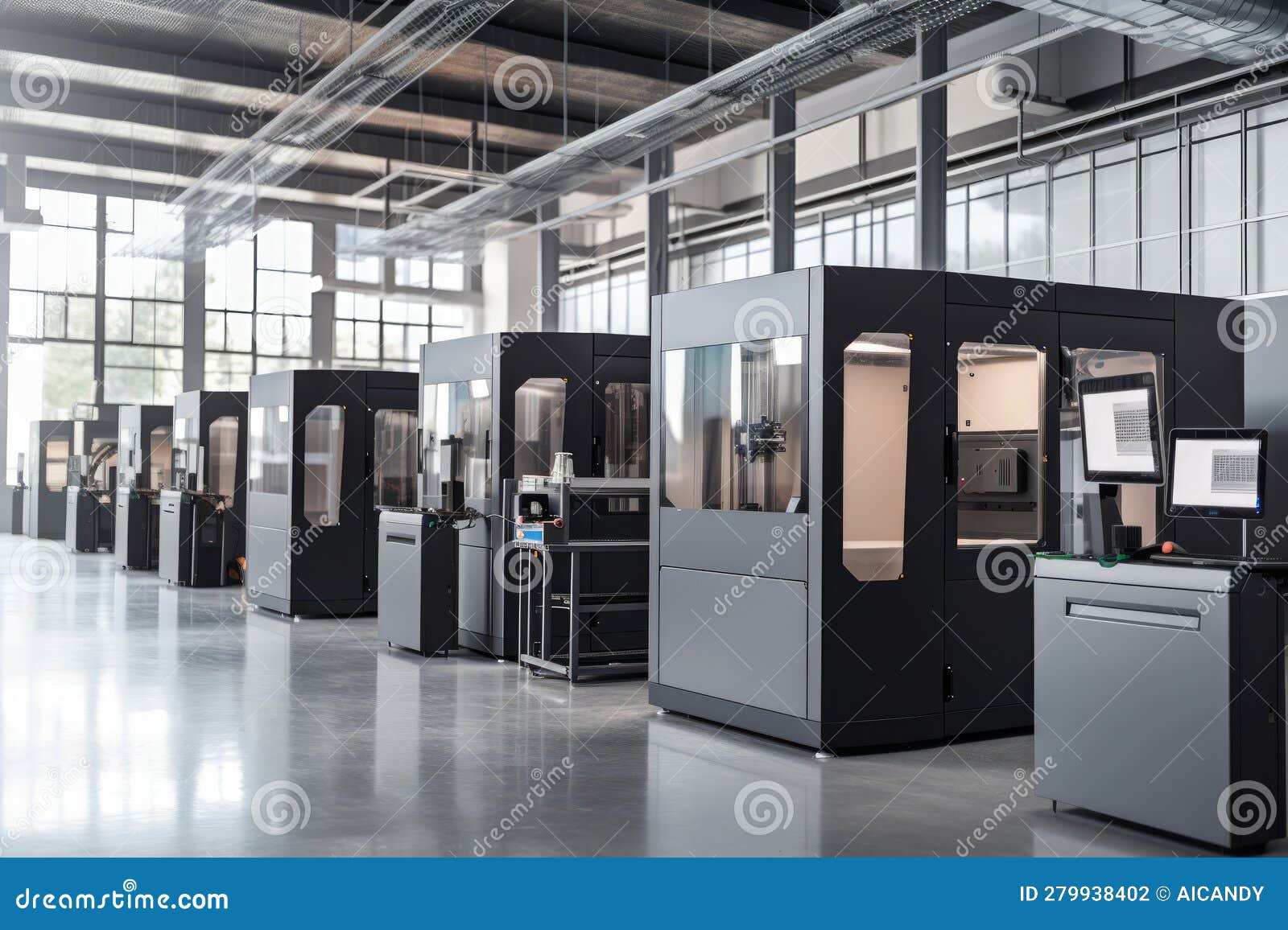 Modern 3D Printing Facility with Multiple Machines Creating Complex ...